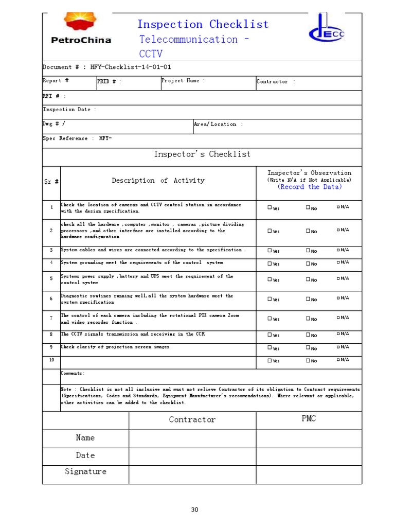 HFY Checklist 14-01-01Telecommunication CCTV电信 摄像头 | PDF | Closed ...