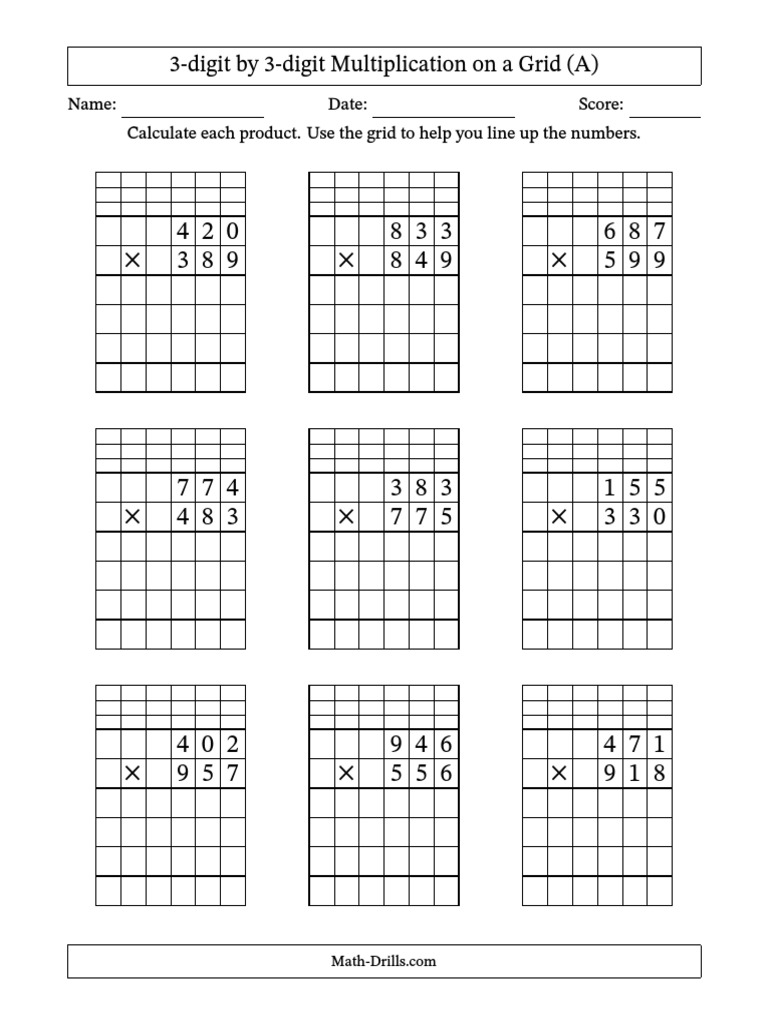 3-Digit Multiplication Grid Worksheet | PDF