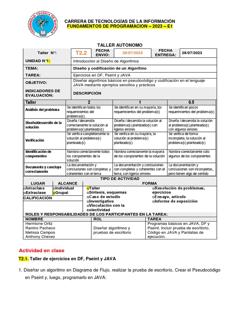 T2.1 Taller de Ejercicios en DF, PSeint, JAVA GRUPO #1 | PDF | Algoritmos | Java (lenguaje de ...