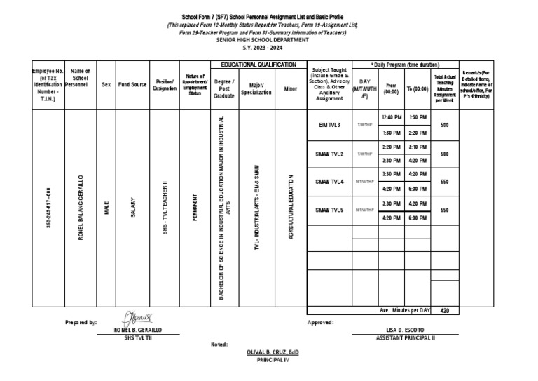 SF7 School Personnel Assignment 2024 | PDF | Teachers | Labor