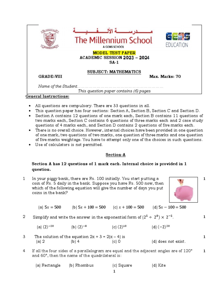 Gr8 - Model Test paper-SA1 - 2023-24 | PDF | Rectangle | Elementary ...