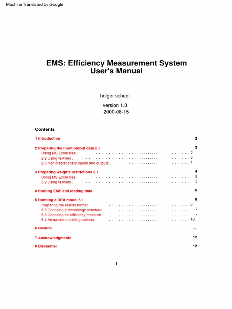 User's Manual EMS: Efficiency Measurement System: Holger Scheel 2000-08 ...