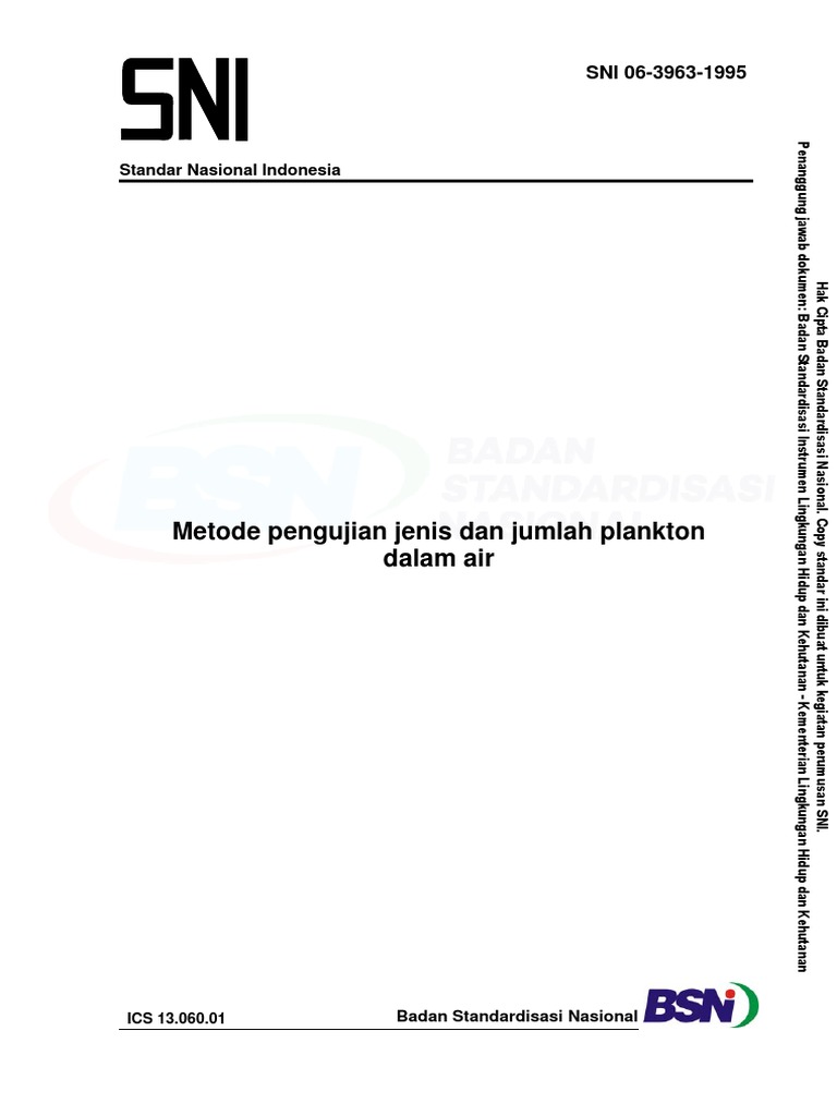 SNI 06 3963 1995 Metode Pengujian Jenis Dan Jumlah Plankton Dalam Air | PDF | Sains & Matematika ...