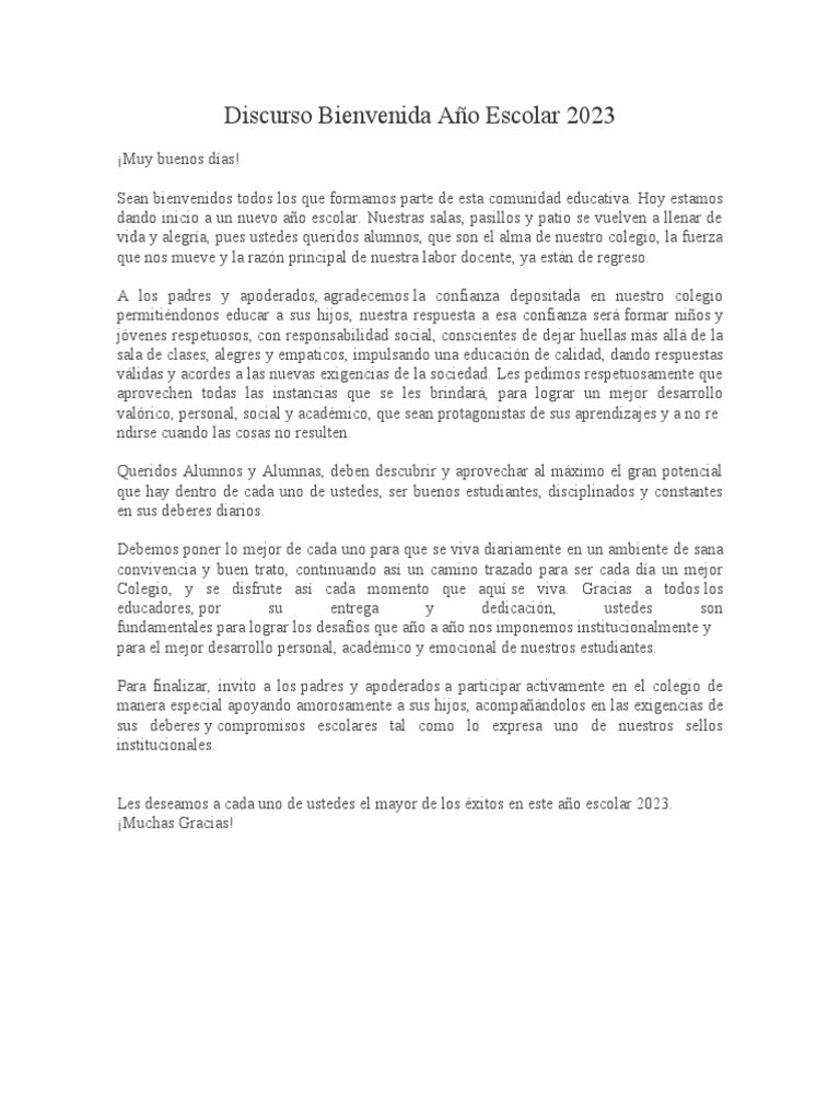 Discurso Bienvenida Año Escolar | PDF