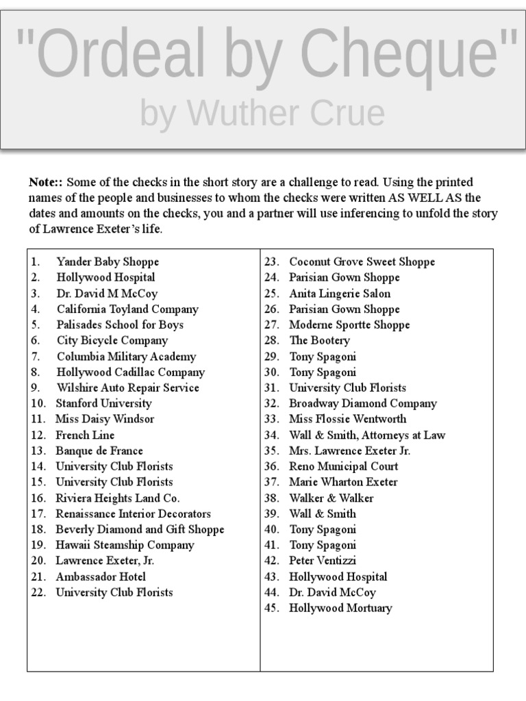 Ordeal by Cheque - PRINTABLE (With No Lines) | PDF