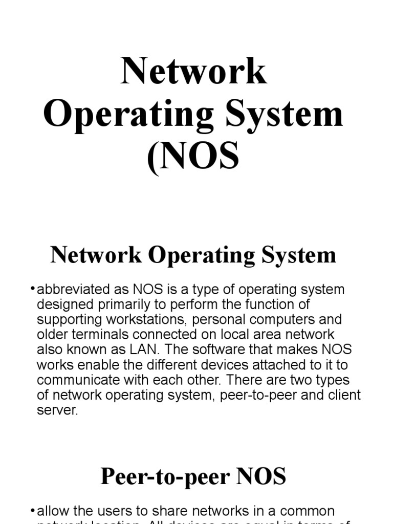 Network Operating System (NOS) L1 | PDF | Client–Server Model | Peer To ... Network Operating System (NOS) L1 | PDF | Client–Server Model | Peer To ...