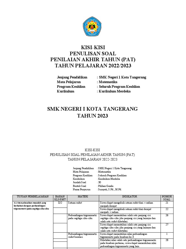Kisi-Kisi Soal Matematika Kelas X 2023 | PDF | Metode & Bahan Ajar