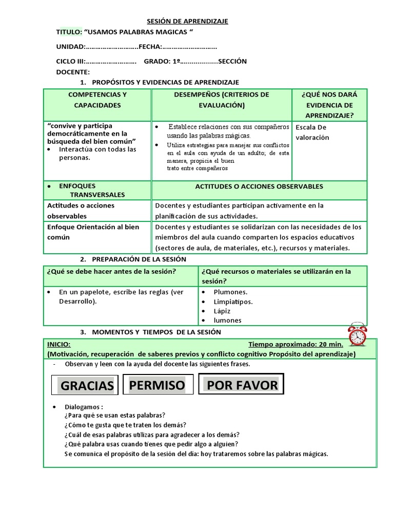 Sesión de Aprendizaje Usamos Palabras Mágicas | PDF | Evaluación | Aprendizaje