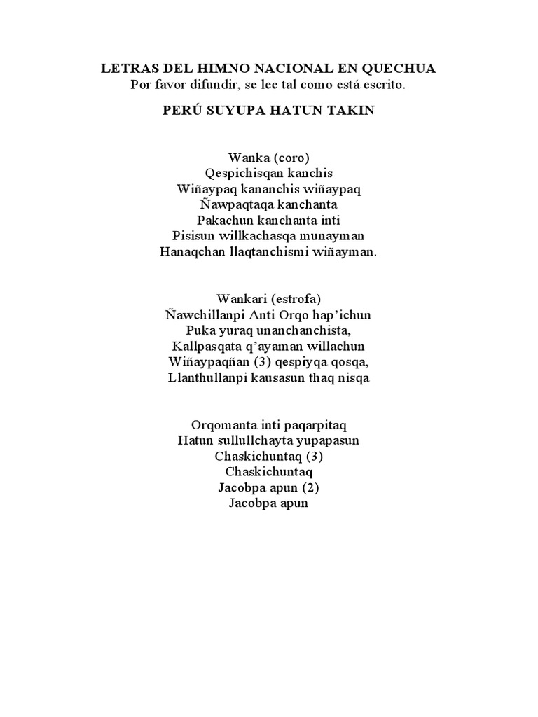 Letras Del Himno Nacional en Quechua | PDF