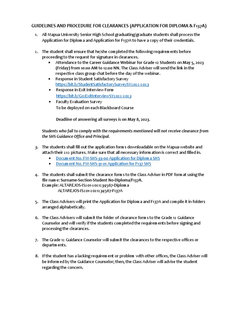Students Guidelines and Procedure For Clearances Sy 2022 2023 2 | PDF