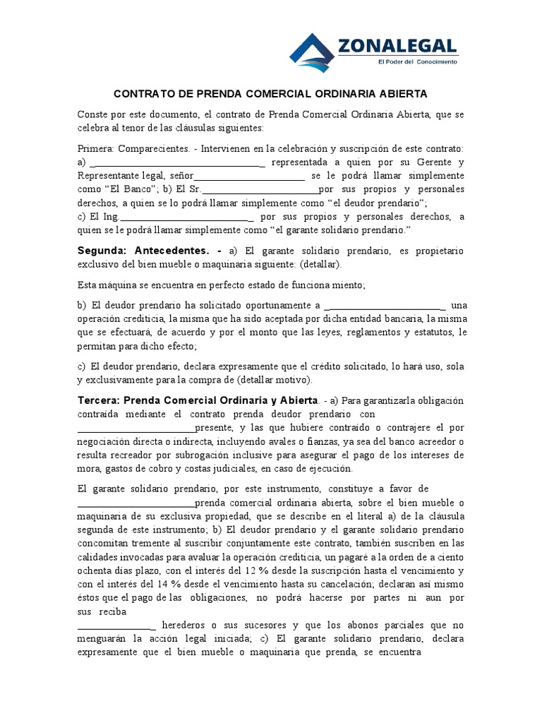Contrato de Prenda Comercial Ordinaria Abierta | PDF | Pagos | Justicia