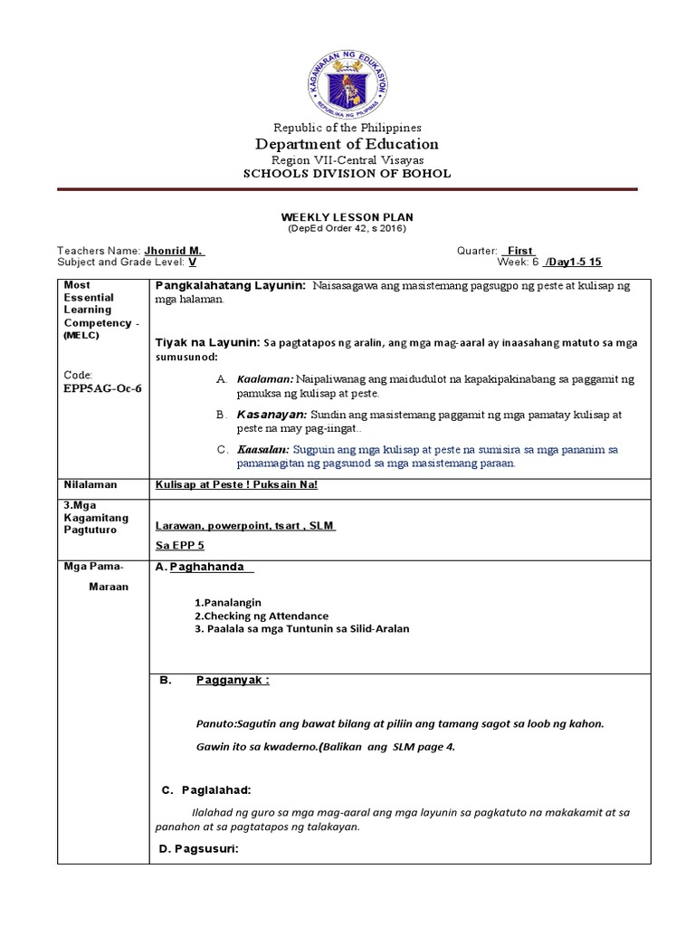 Protype Lesson Plan EPP5 AG - Week 3 Day 1 5 | PDF