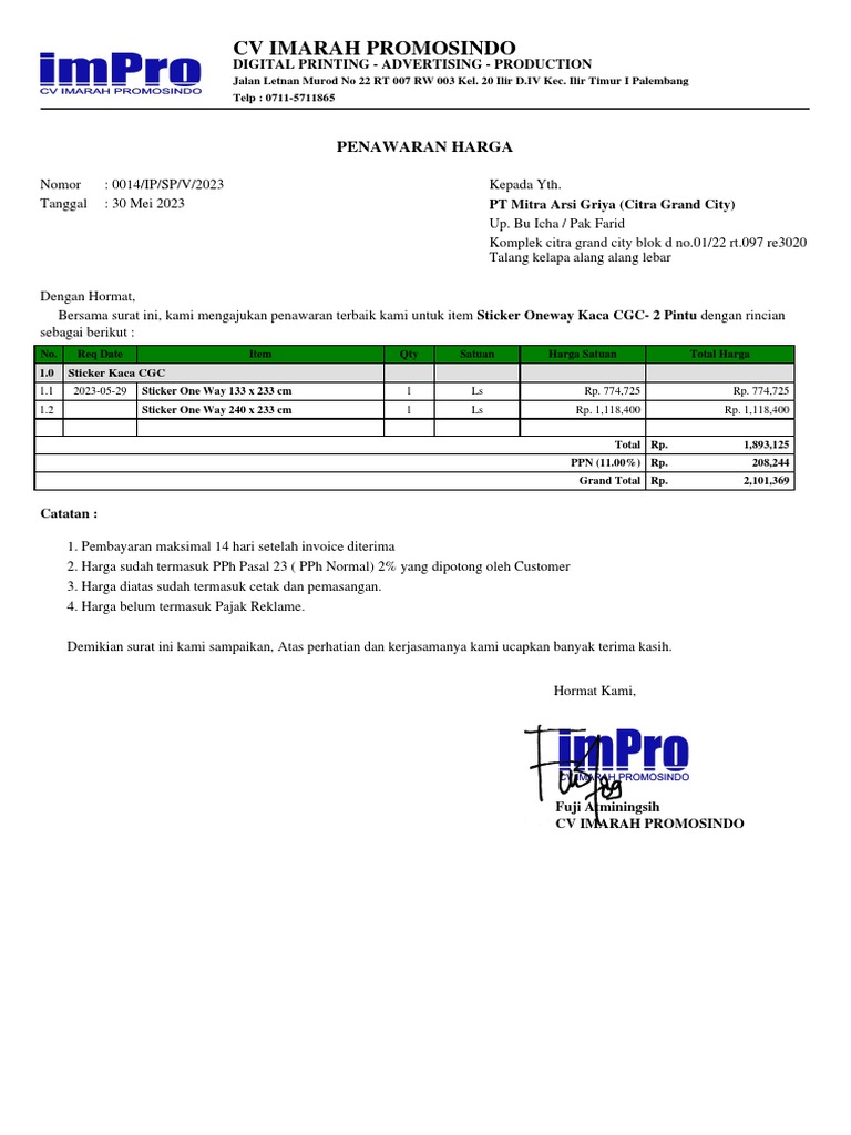 0014 Surat Penawaran - Sticker One Way | PDF