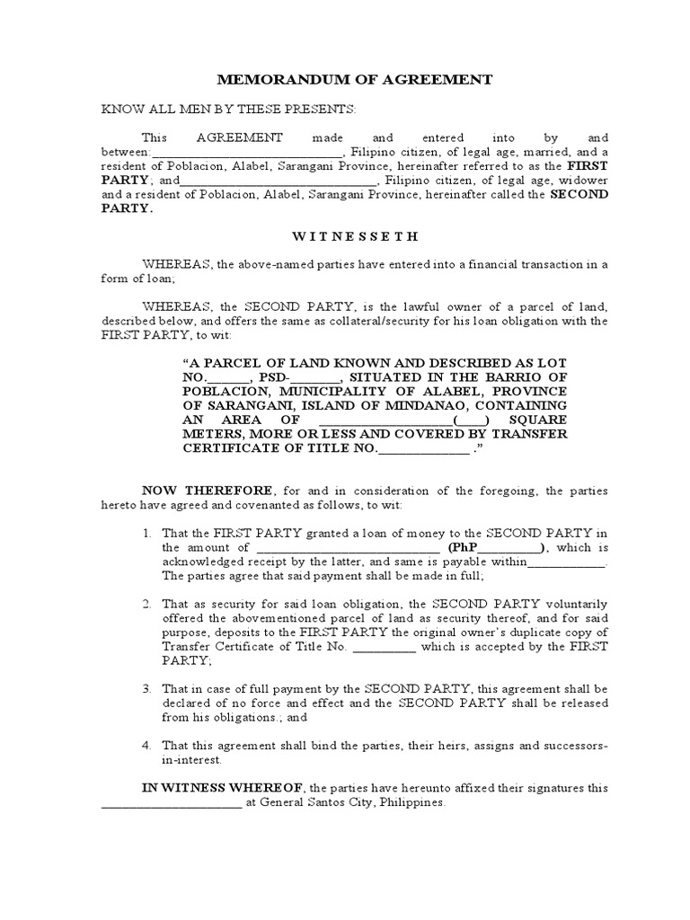 Moa Loan Sample Pdf Loans Common Law