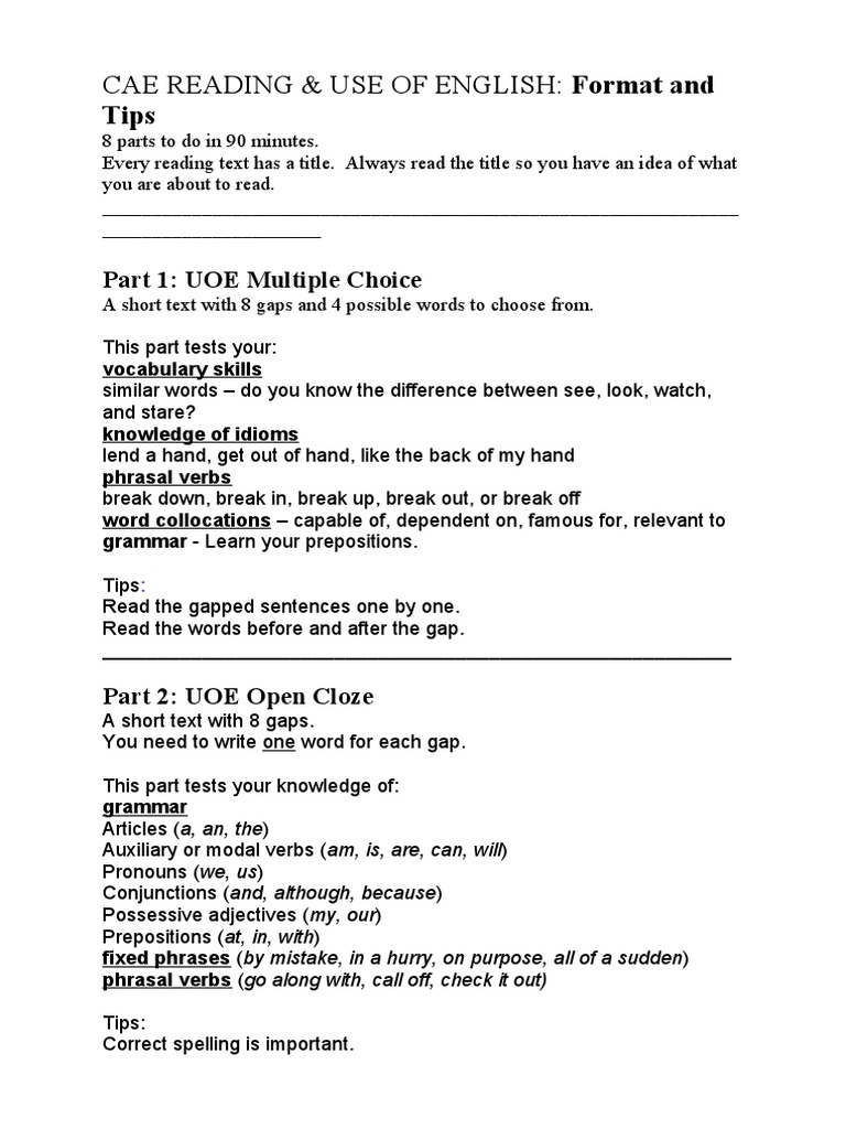 CAE Format N Tips RDG | PDF | Verb | Word