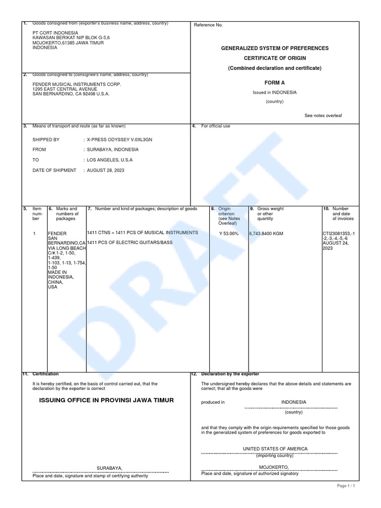 Generalized System of Preferences Certificate of Origin (Combined Declaration and Certificate ...