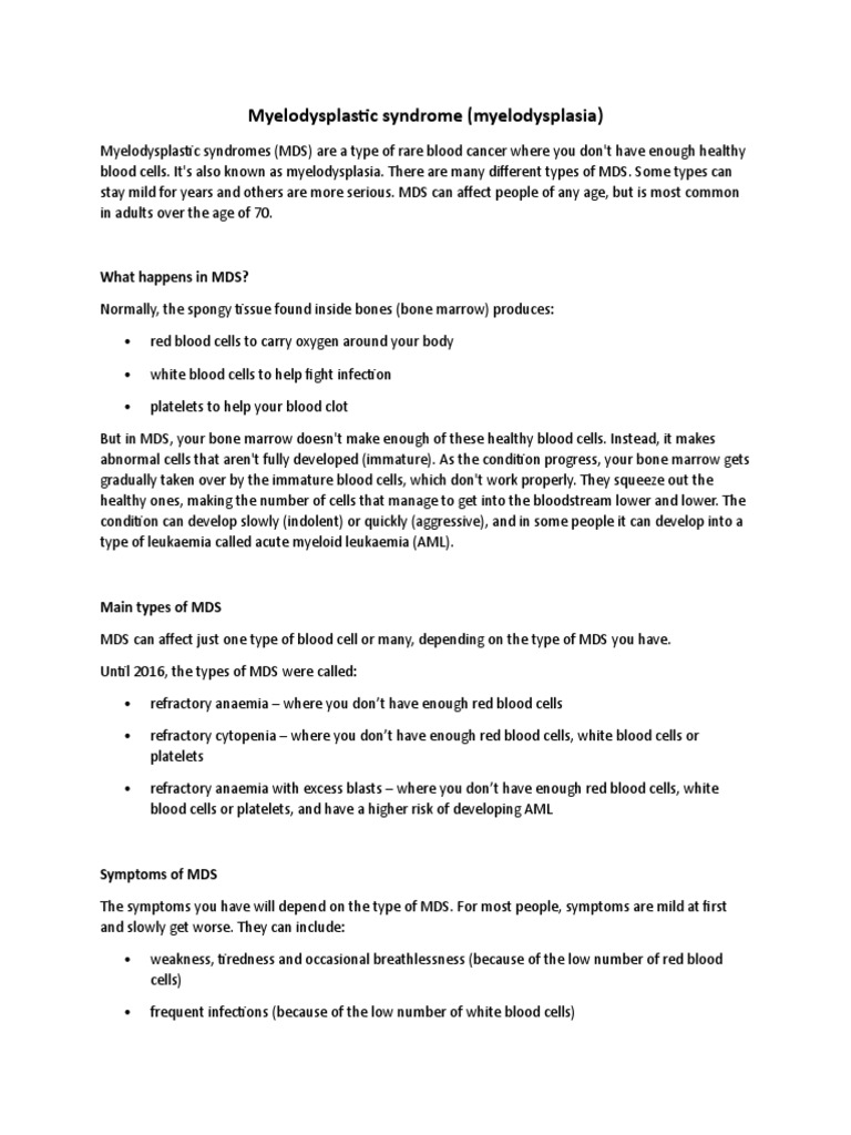 Myelodysplastic Syndrome: Symptoms Overview | PDF