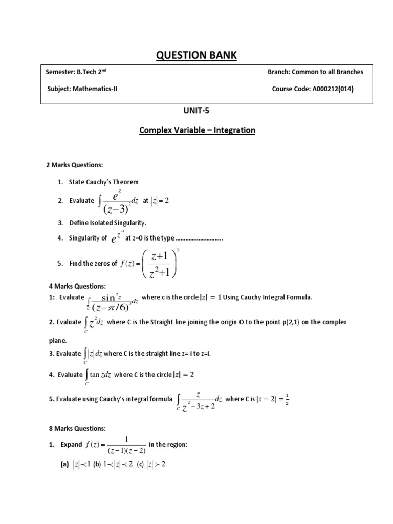 M2 UNIT-5 QB With Solution | PDF | Complex Analysis | Integral