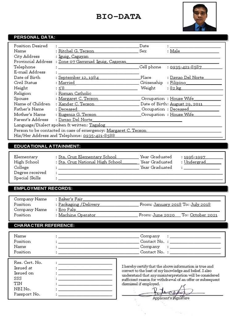 Biodata Format For Job | PDF | Government And Personhood