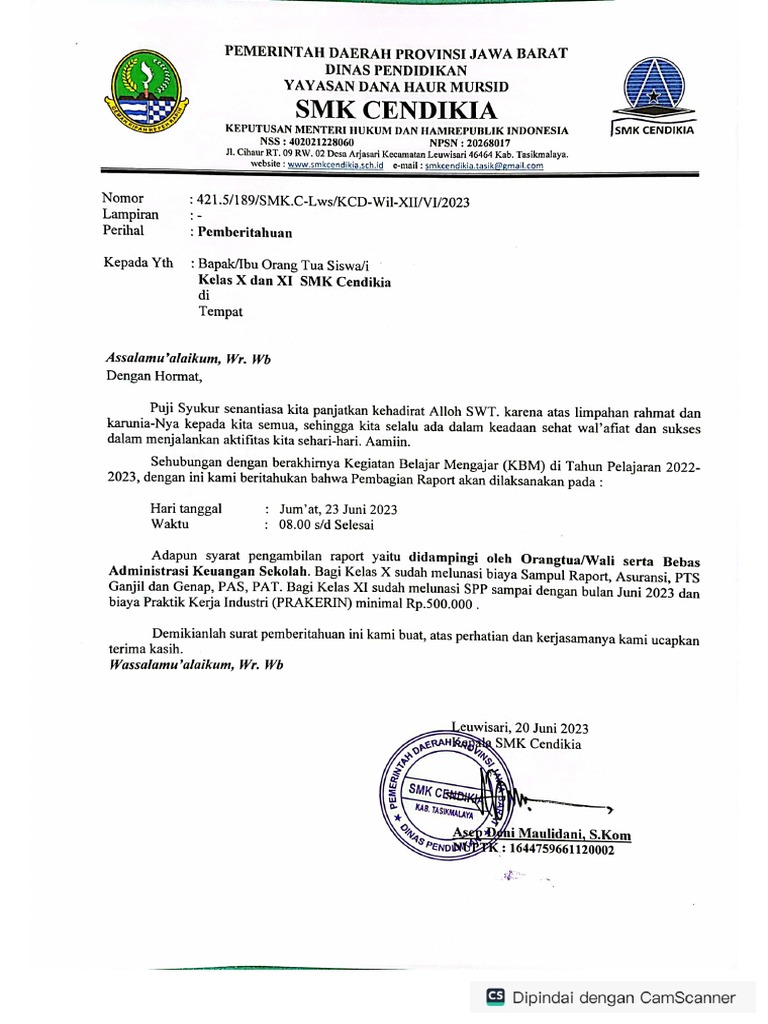(Pemberitahuan) Pembagian Raport TP.2022-2023 | PDF