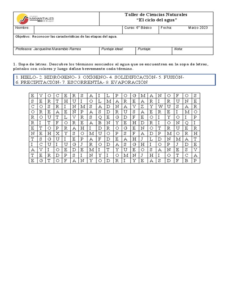 Ciclo Del Agua Taller Sopa de Letras | PDF | Agua | Vapor de agua