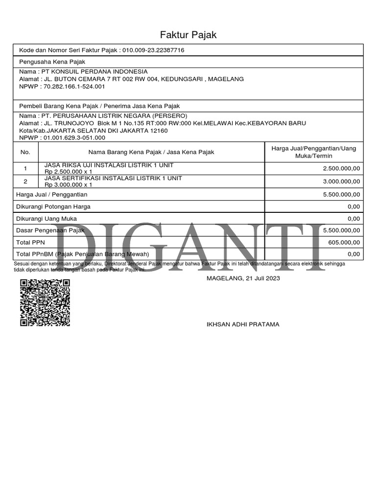 Contoh Faktur Pajak PT PLN 2023 | PDF | Pengelolaan Keuangan & Uang