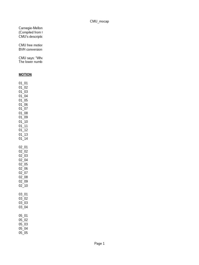 Cmu Mocap Index Spreadsheet | PDF