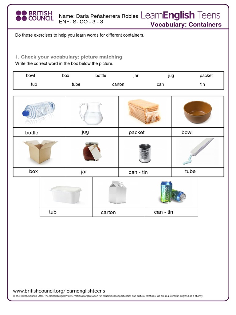 Vocabulary Exercises: Containers | PDF | Food And Drink | Foods