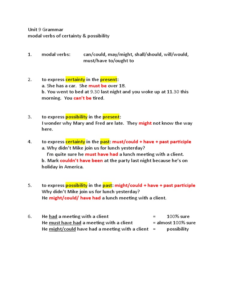 Modals of Certainty N Possibility Present and Past | PDF