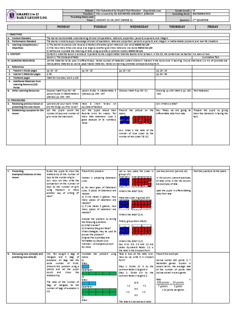 Math 6 - Q2 - W1 | PDF | Ratio | Learning