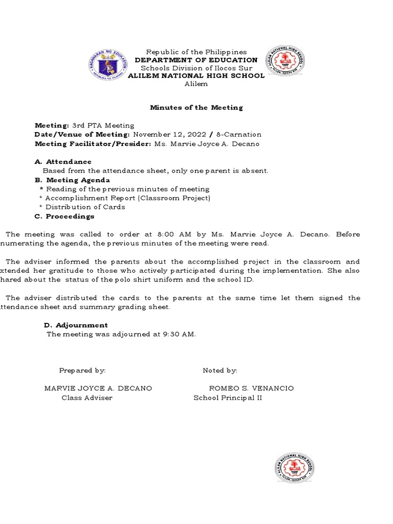 3rd Pta Meeting Pdf Educational Organizations
