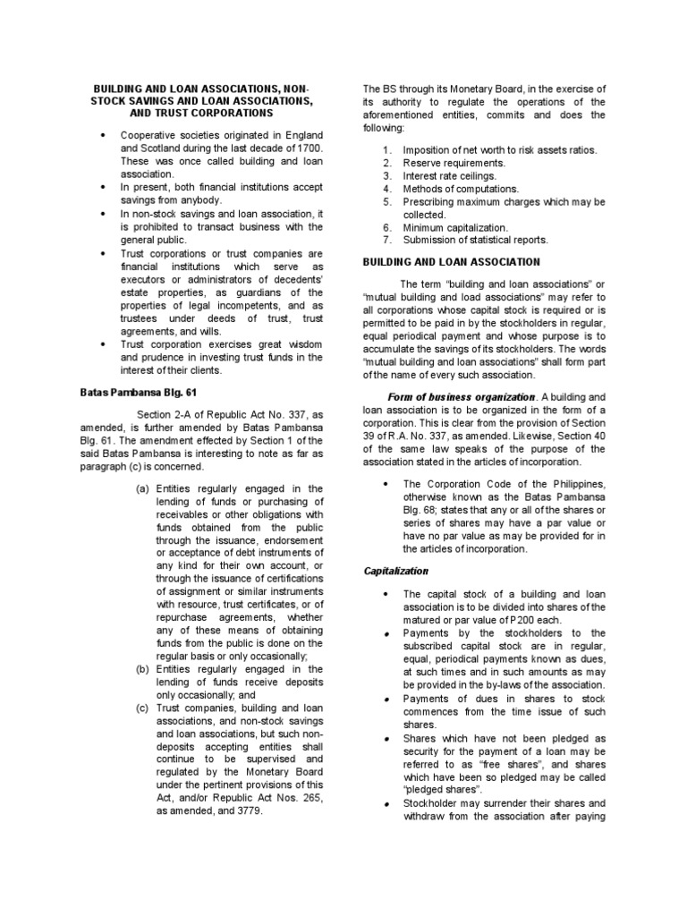 Overview of Building and Loan Associations | PDF | Trust Law | Loans