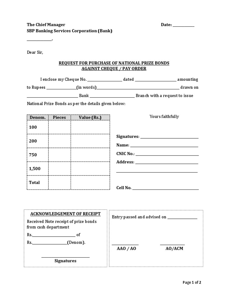 ApplicationPurchase-National Prize Bond by Cheque | PDF | Cheque | Banks