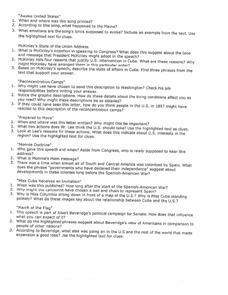 Spanish American War Documents Guiding Questions | PDF