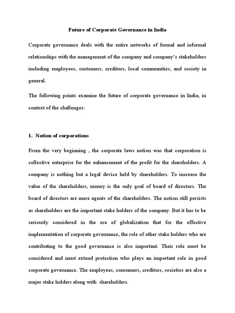 Future of Corporate Governance in India | PDF | Corporate Governance ...