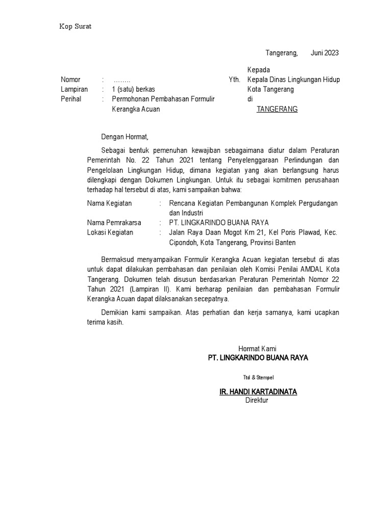 Surat Pengantar Penyampaian KA ANDAL | PDF