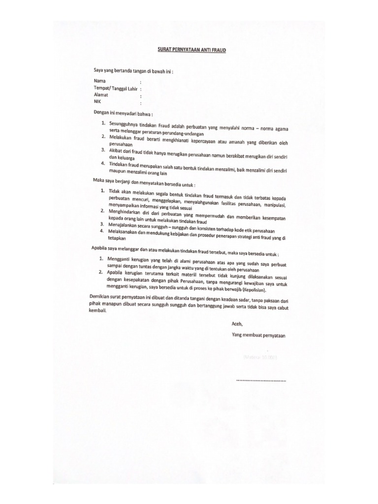 Surat Pernyataan Anti Fraud | PDF