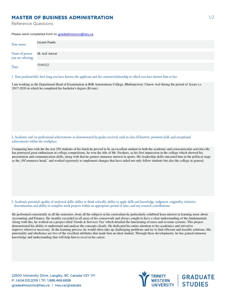 MBA Reference Form ASHU | PDF | Master Of Business Administration ...