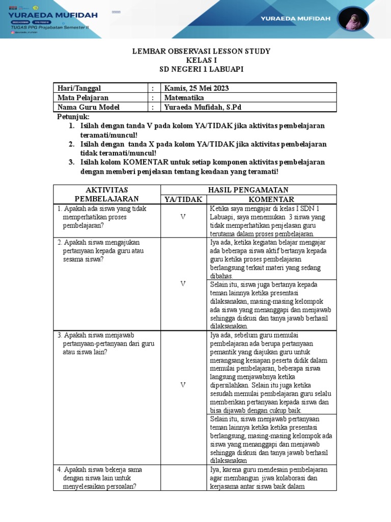 Lembar Observasi Lesson Study Mandiri Siklus 1 PPL Ii-Yuraeda Mufidah | PDF