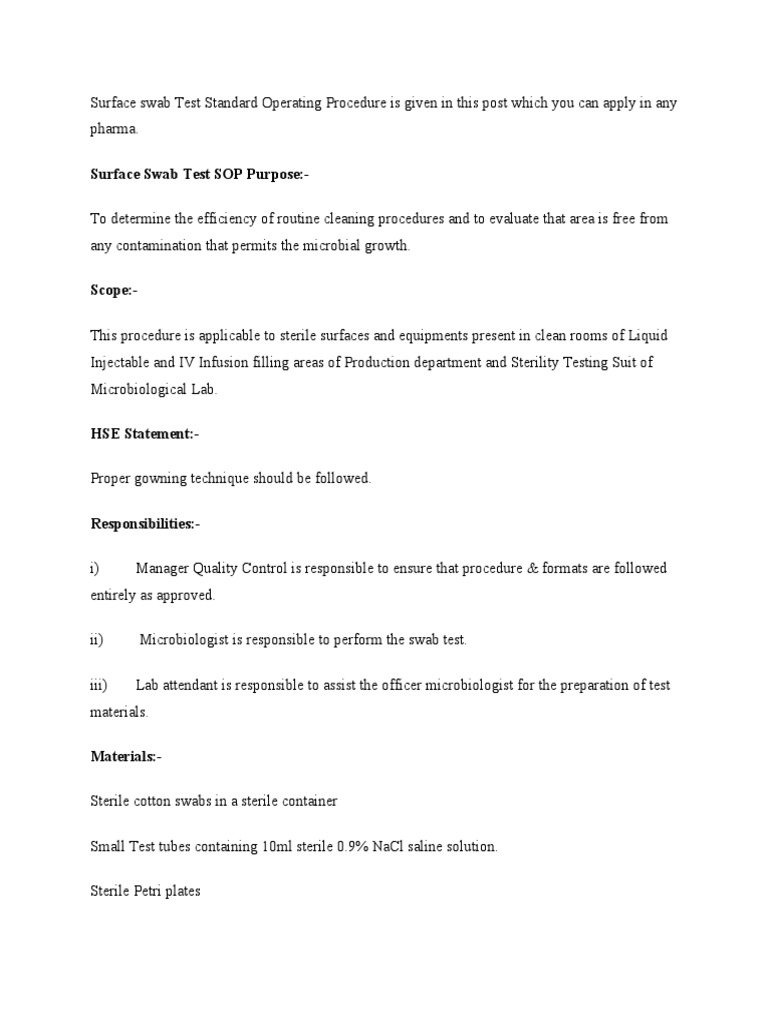 Surface Swab Test SOP for Clean Rooms | PDF | Sterilization ...