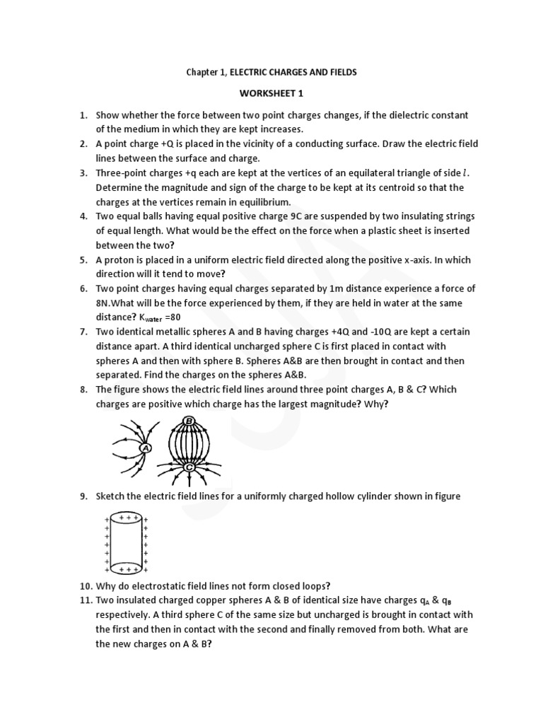 Worksheet 1: Chapter 1, Electric Charges and Fields | PDF | Force ...