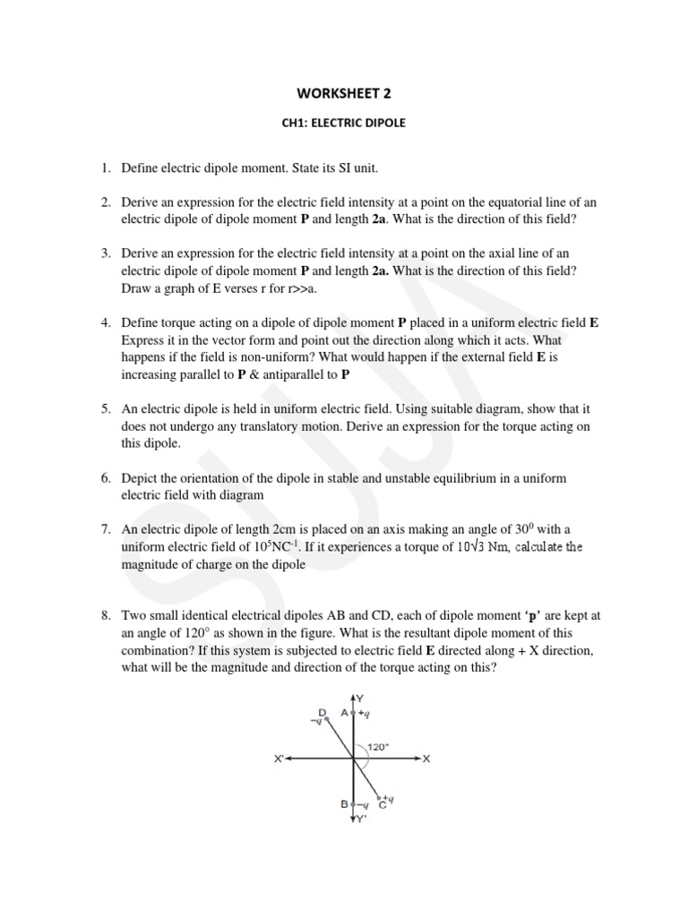 Worksheet 2: Ch1: Electric Dipole | PDF