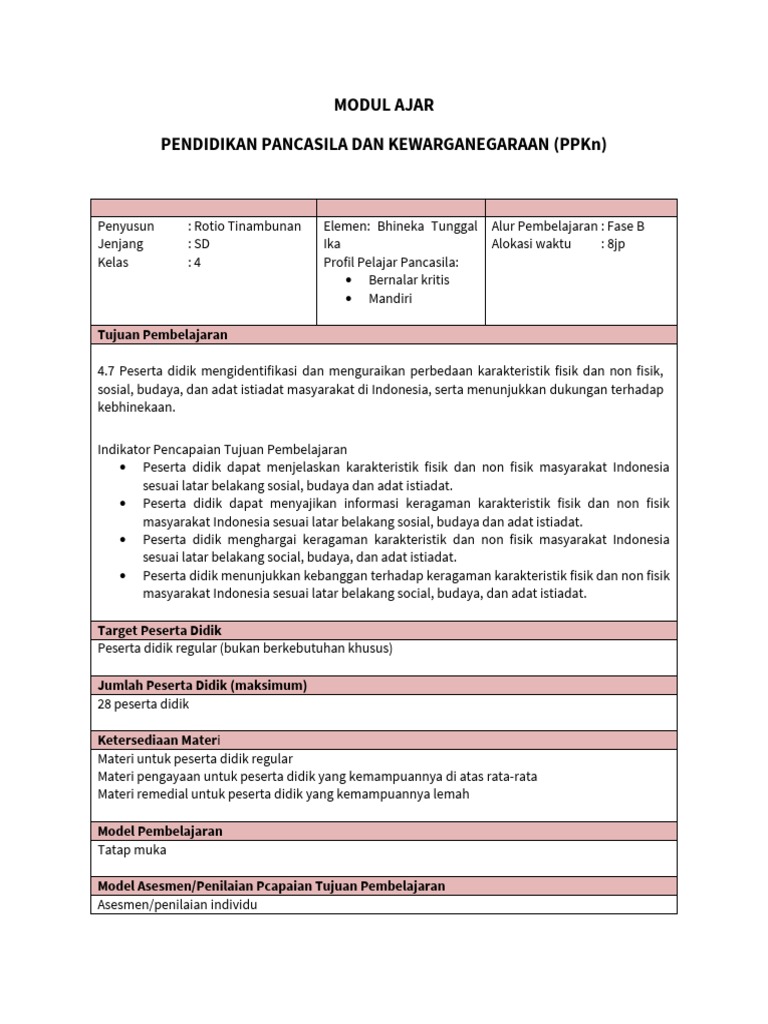 Modul Ajar PKN Kelas 4 | PDF