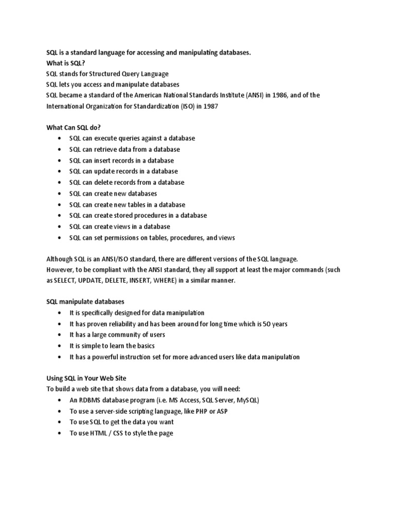 Sql Is A Standard Language For Accessing And Manipulating Databases What Is Sql Pdf