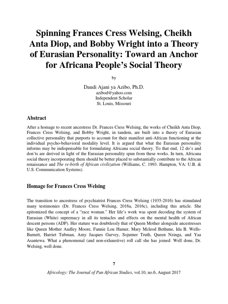 Spinning Frances Cress Welsing, Cheikh Anta Diop, and Bobby Wright Into ...