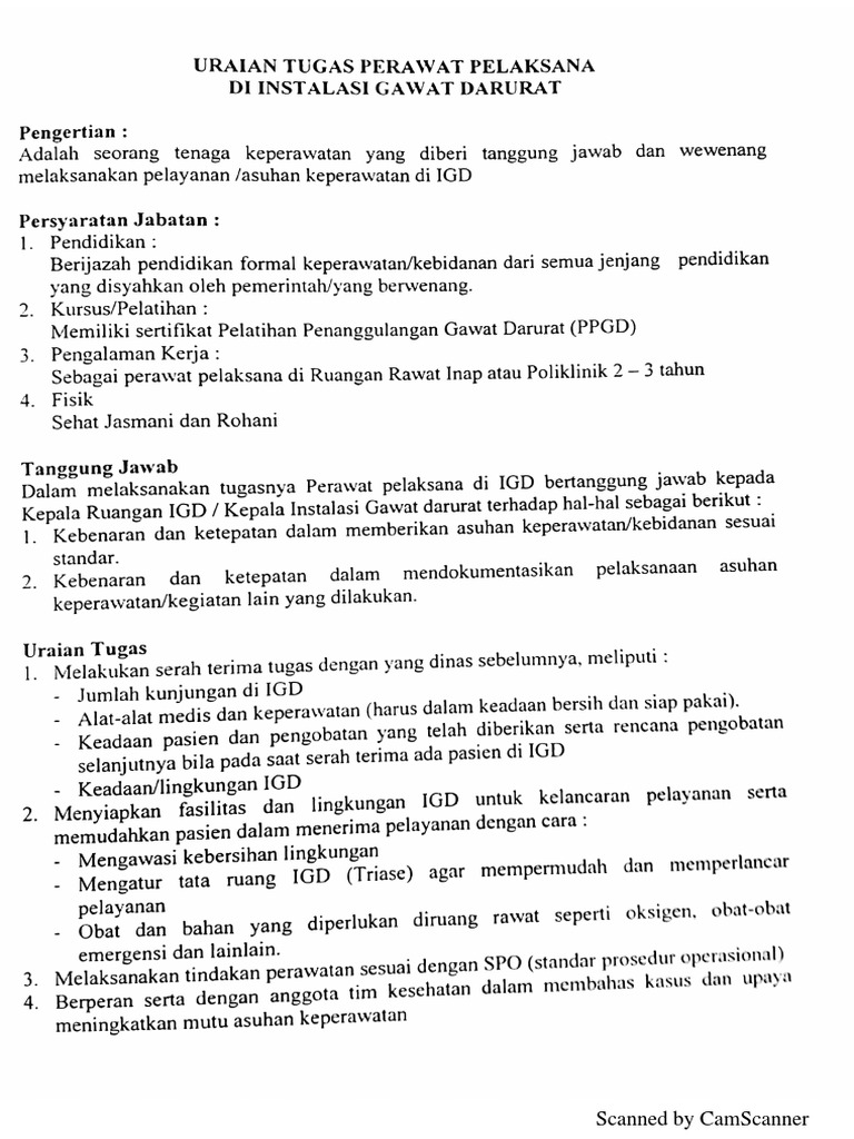 Uraian Tugas Perawat Pelaksana Di IGD | PDF