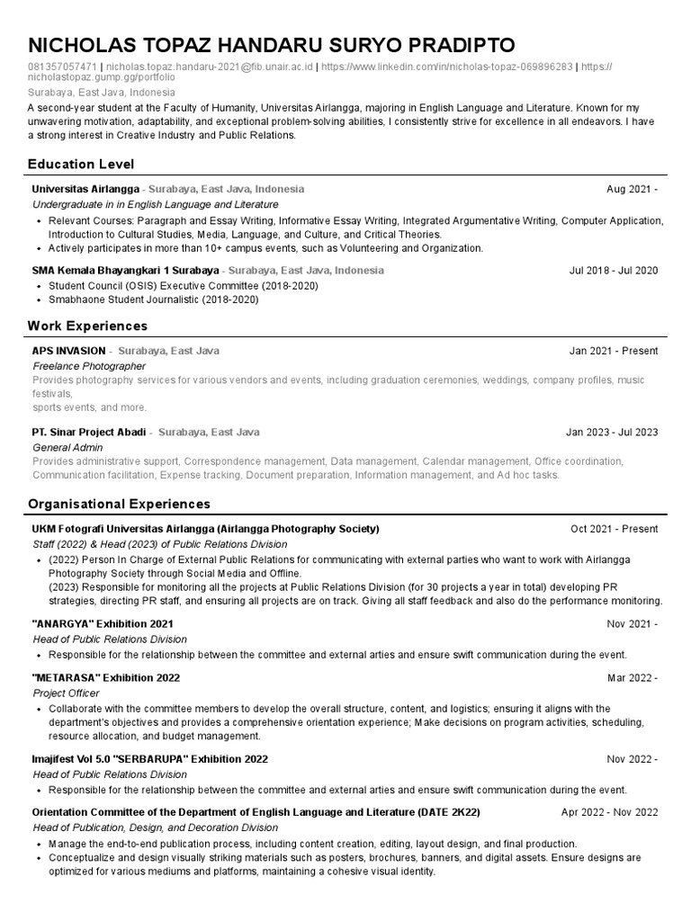 Nicholas Topaz Handaru Suryo Pradipto - 122111233170 - CV | PDF | Human Communication ...