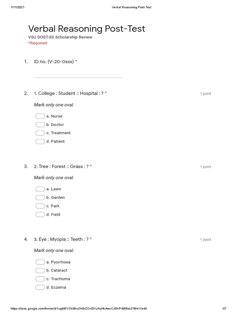 1.2 Verbal Reasoning Post-Test | PDF