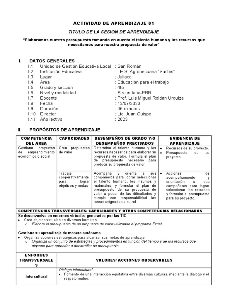 Actividad de Aprendizaje #01 Ept Clase Modelo | PDF | Aprendizaje | Presupuesto