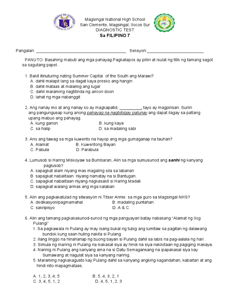 Diagnostic Filipino 7 | PDF